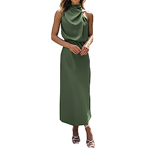 BTFBM Women's Sleeveless Cocktail Dresses Mock Neck Keyhole Elastic High Waist Wedding Guest Evening Party Maxi Dress(Solid Army Green, Medium)
