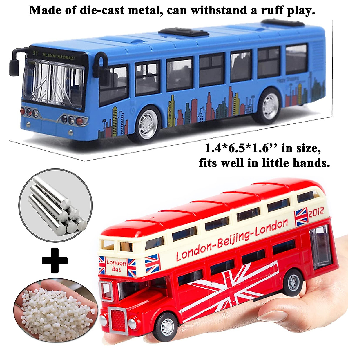 OTONOPI Bus Toys Pull Back School Bus Double Decker London Vehicles City Sightseeing Tour Bus Die Cast Metal Toy Cars Friction Powered Play Vehicle Toy Set for Kids 4 Pack