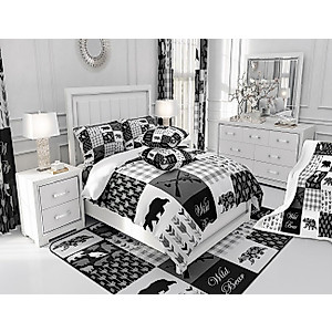 jejeloiu Bear Comforter Set Twin Size Kids Black White Buffalo Check Comforter for Boys Girls Teens Boho Arrow Camo Farmhouse Bedding Set Breathable Wild Animal Duvet Set Room Decor Quilt Set