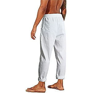 NANAMEEI Men Summer Linen Pants for Men Casual Beach Pants Trousers for Men with Drawstring Pocket White M
