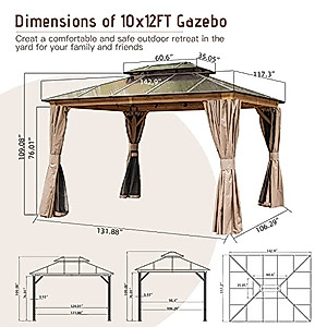 Domi Outdoor Living 10’ X 12’ Hardtop Gazebo Outdoor Aluminum Gazebo with Polycarbonate Double Roof Canopy for Lawn and Garden, with Curtains & Net (Wood Looking)