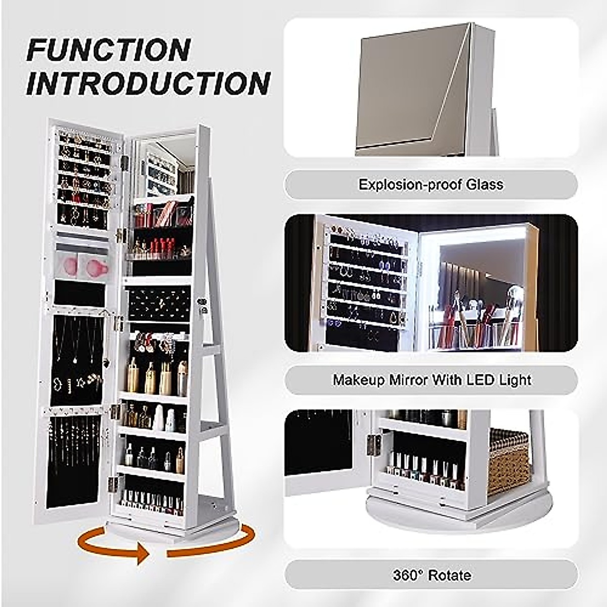 HNEBC LED Light Jewelry Storage Organizer, Armoire with Door Mirror 360° Rotating, Full Length Cabinet, ,Large Jewelry Boxes & Organizers（A White）