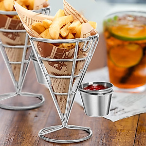 Peohud 4 Pack French Fries Stand, Chip Cone Basket with Sauce Dipper, Metal Wire French Fry Holder, Fried Chicken Display Rack for Food Snack Appetizers Kitchen Restaurant Buffet Picnic Party