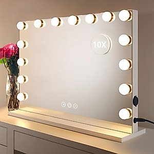 HOMPEN Vanity Mirror Makeup Mirror with Lights,Large Hollywood Lighted Vanity Mirror with 15 Dimmable LED Bulbs,3 Color Modes, Touch Control for Dressing Room & Bedroom, Tabletop or Wall-Mounted