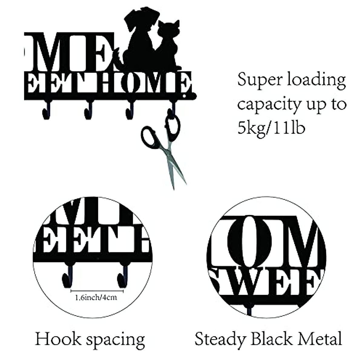 CREATCABIN Hook Hanger Wall Key Holder Metal Decorative Mounted Coat Hanger with Word Sweet Home and Dogs Feature Design Organizer Rack with 6 Hooks for Wall, Bathroom, Kitchen, Entryway