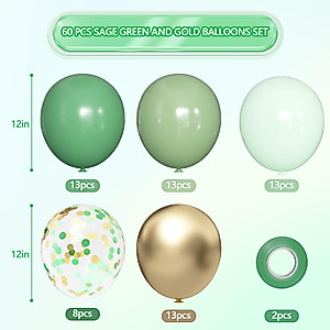 Renjiro Sage Green Gold Confetti Balloons 60pcs 12 Inch Olive Green Light Pastel Green Latex Balloons for Baby Shower Woodland Safari Jungle Bridal Shower Wedding Birthday Party Decorations