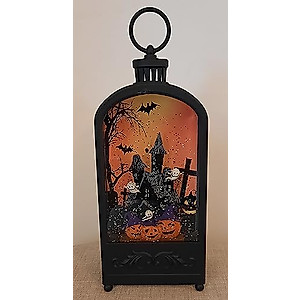 Gerson Lighted Halloween Water Lantern Snow Globe with Continuous Swirling Glitter - Haunted House Scene Ghosts Pumpkins