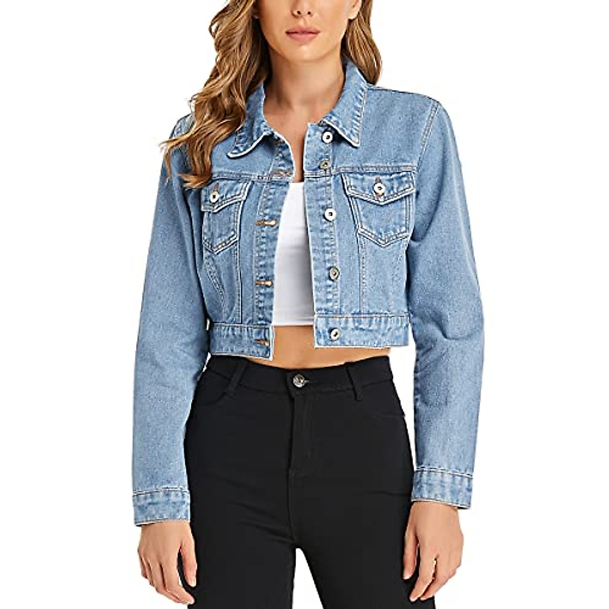 PEIQI Women’s Cropped Jean Denim Jacket Button Down Long Sleeve with Pockets Light Blue Medium