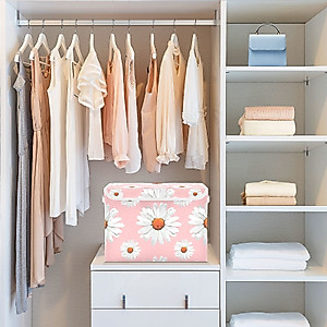 GUIJI Chamomiles Pink Fabric Storage Bins with Lids and Handle，Foldable Storage Bins with Lids，Closet Organizers for Clothes Storage，Room Organization, Office Storage, Chest Organizer
