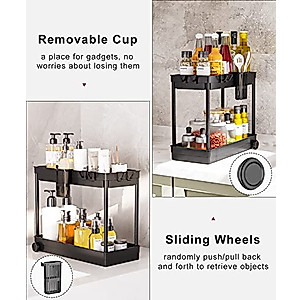 Fowooyeen Under Sink Organizers and Storage, Bathroom Organization Cabinet with Hooks Hanging Cup, Multi-Purpose Sliding Countertop Storage Shelf for Bathroom and Kitchen Semi-Transparent