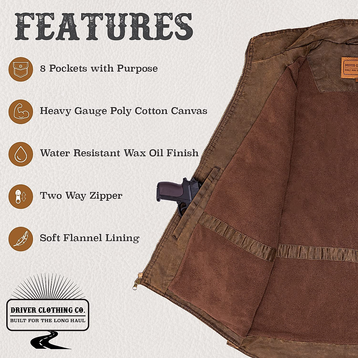 Driver Clothing Co. Men's Heavy Gauge Poly Canvas Utility Work Vest with Soft Flannel Lining and Wax Oil Weather Resistant Finish | 5 Outer Pockets and 3 Inner Pockets | Distressed Brown | XX-Large