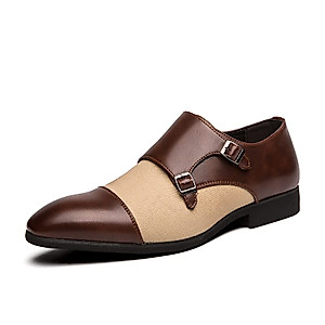 HuitJours Men Brown Double Monk Straps Slips on Dress Shoes Classic Loafers Two Tone Colors Buckle Shoes Zapatos de Vestir para Hombre