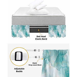 Marble Agate Bed Skirt Queen Size 16 Inch Drop, Adjustable & Elastic Wrap Around Bed Skirts Pleated Luxury Dust Ruffles for Twin Full Queen Cal King Base Bed, Marbling Gold Gradient Aqua Turquoise