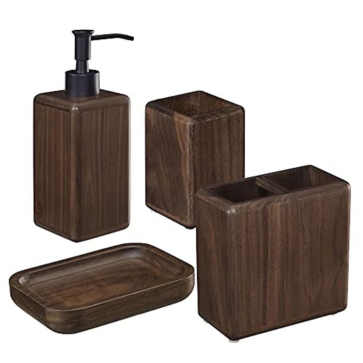MIHIRO 4-Piece Bathroom Accessories Set, Wood Bathroom Vanity Countertop Accessory with Soap Dispenser, Toothbrush Holder, Bathroom Tumbler and Soap Dish, Waterproof Walnut,100% Solid Wood