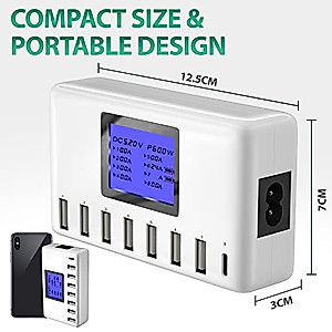 USB C Charging Station, Desktop Smart Multi Port USB Charging Station with LCD Display for Multiple Devices, 8 Ports 60W/12A USB Charger Station for iPad iPhone Android Phone and Tablet (White)