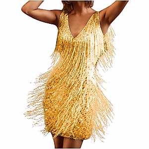 LFEOOST Sparkly Dresses for Women 2023 Sexy V Neck Fringe Tassel Sleeveless Mini Dress Elegant Sequin Club Party Dress