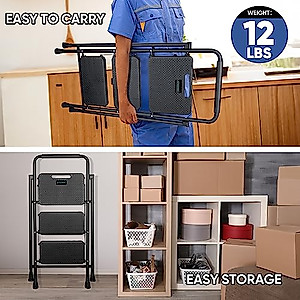 TICONN 3 Step Ladder, Heavy Duty Foldable Step Stool, 330lbs Rated Portable Steel Folding Stool with Wide Anti-Slip Steps and Handgrip for Household Garage Storage (Black)