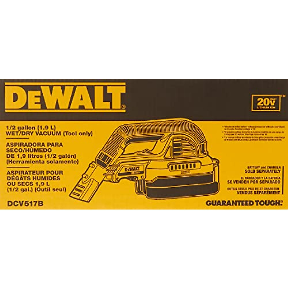 DEWALT 20V MAX Cordless Vacuum, Wet/Dry, Portable, 1/2-Gallon, Tool Only (DCV517B) , Black