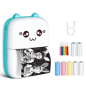 Portable Mini Printer, Pocket Thermal Printer, Inkless Printers with 7 Rolls of Printing Paper for Photos, Office Receipts, QR Codes, Labels, Notes Printing Compatible with iOS Android (Blue)