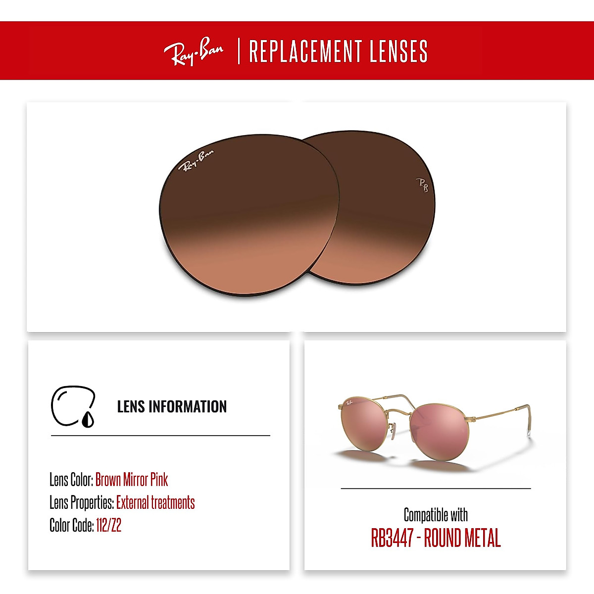 Ray-Ban Original ROUND METAL RB3447 50M Brown Mirror Pink Replacement Lenses For Men For Women + BUNDLE with Designer iWear Eyewear Kit