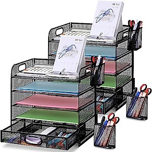 2 Pack 5-Tier Desktop File Sorter Desk Metal Letter Tray Organizer Letter Tray with Handle Mesh Desk File Organizer Letter/A4 Tray Organizer for Office, School and Home Easy Installation