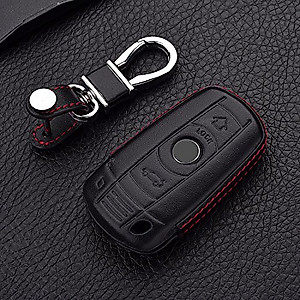Royalfox(TM) Luxury 3 Buttons Genuine Leather Smart keyless Entry Remote Key Fob case Cover for BMW 1 2 4 5 6 Series,for bmw old smart key,with Keychain