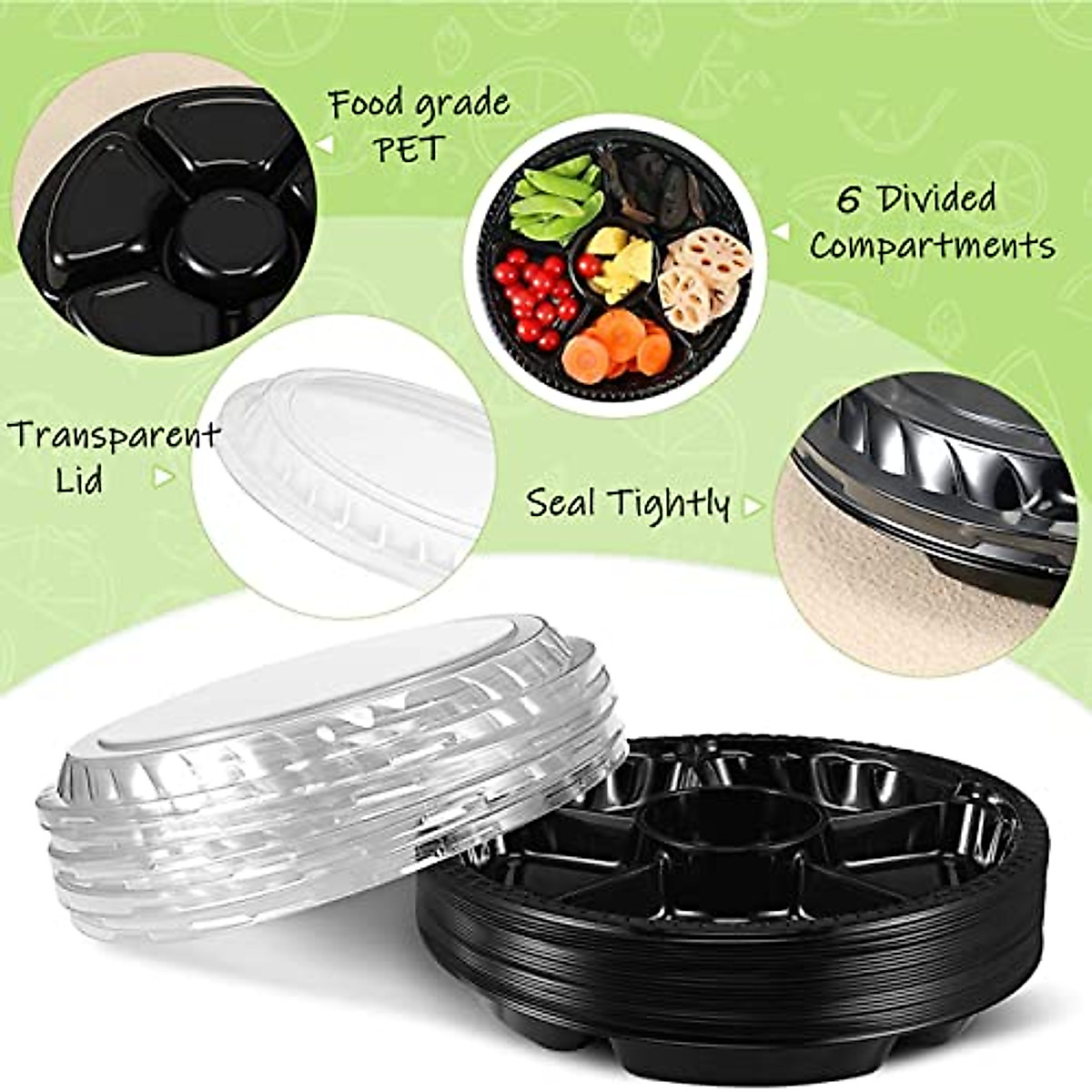 Lyellfe 30 Pack Plastic Appetizer Tray with Lid, Disposable Fruit Veggie Tray with 6 Compartment, 10.5 Inch Heavy Duty Snack Serving Platter Container for Salad, Nut, Olive, Party