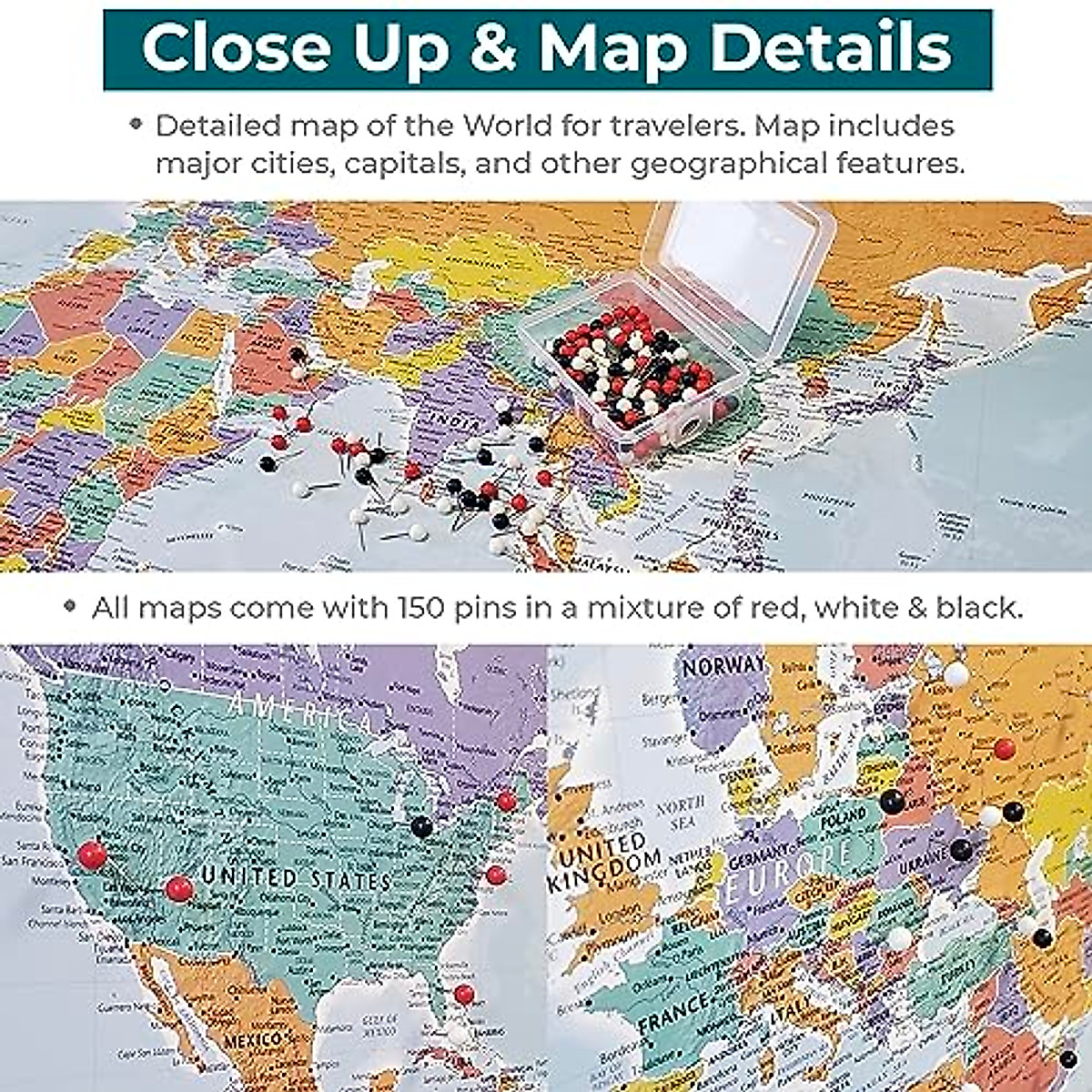 Personalized Push Pin World Travel Map with Rustic Black Frame and Pins - Blue Oceans - 27.5 inches x 39.5 inches