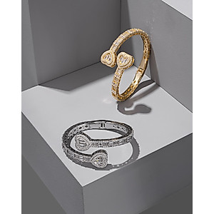 Lulu Mel Iced Out Baguette Diamond Bracelet Jewelry for Women, Hip Hop Mens 14k Gold Silver Plated Cubic Zirconia Bangle Bracelet, Men Heart Cuff Bracelet With Jewelry Box (Silver Heart, 8inch)