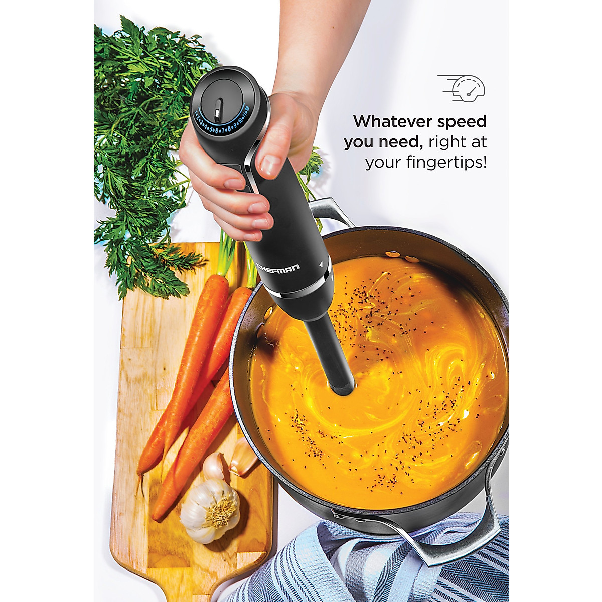 Chefman Immersion Blender 300-Watt Turbo 12 Speed Stick Hand Blender, Powerful Ice Crushing Design Purees Smoothies, Sauces & Soups, Detachable Heat Resistant Plastic Blade Guard Protects Pots, Black