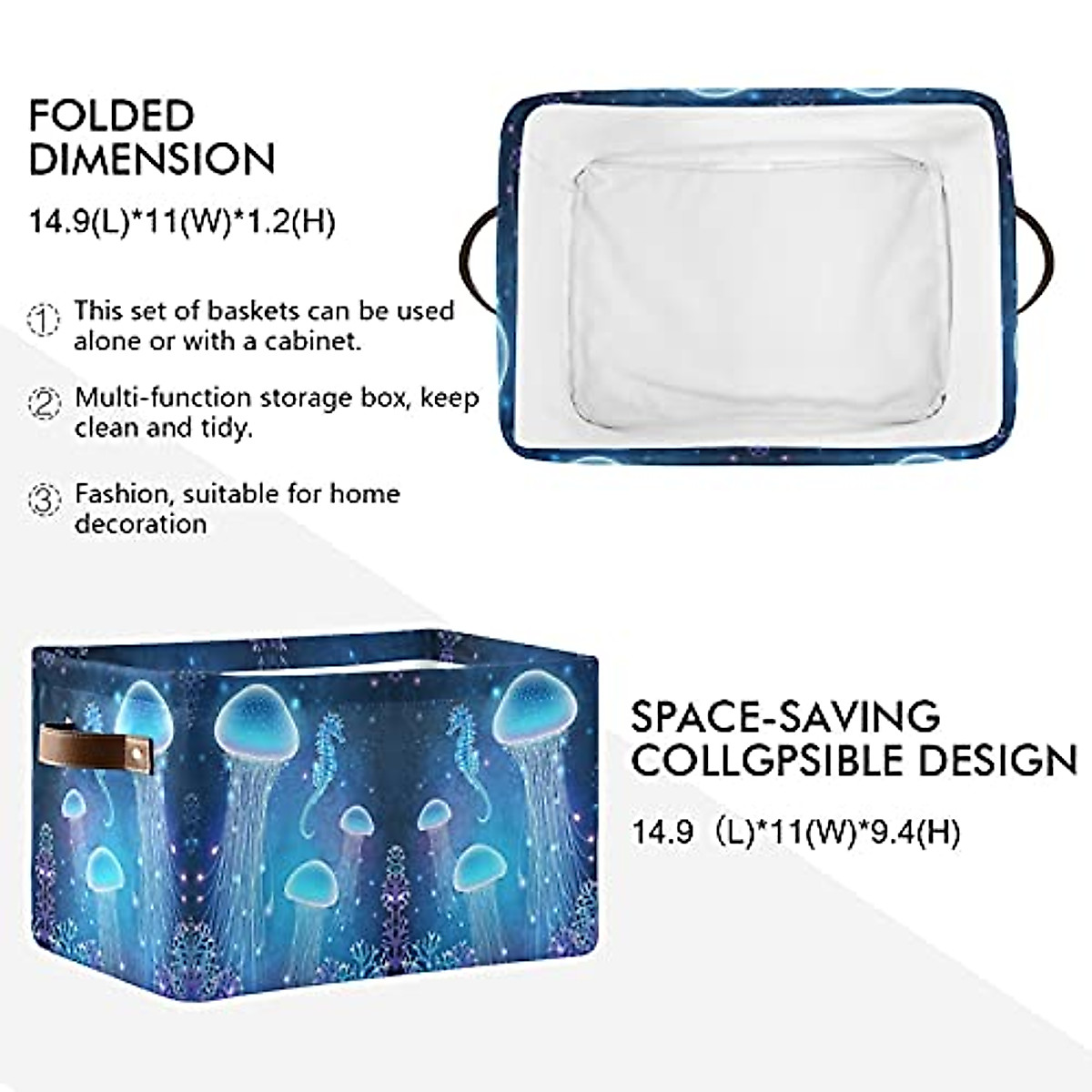 Oyihfvs Glowing Blue Jellyfish Underwater Seahorse World Square Shelves Storage Basket Bin, Waterproof Laundry Hamper Bucket, Baby Nursery Organizer with Handles for Toys Clothes Room Closets