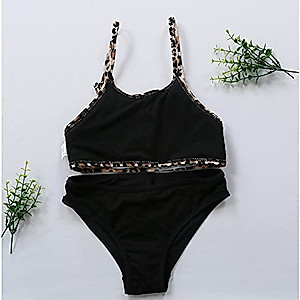 Girl Leopard Print Camisole Top Swimsuit Printed Split Swimsuit Bikini Swimwear 2-Piece Bathsuits Tankini Set 4-18 Years Black