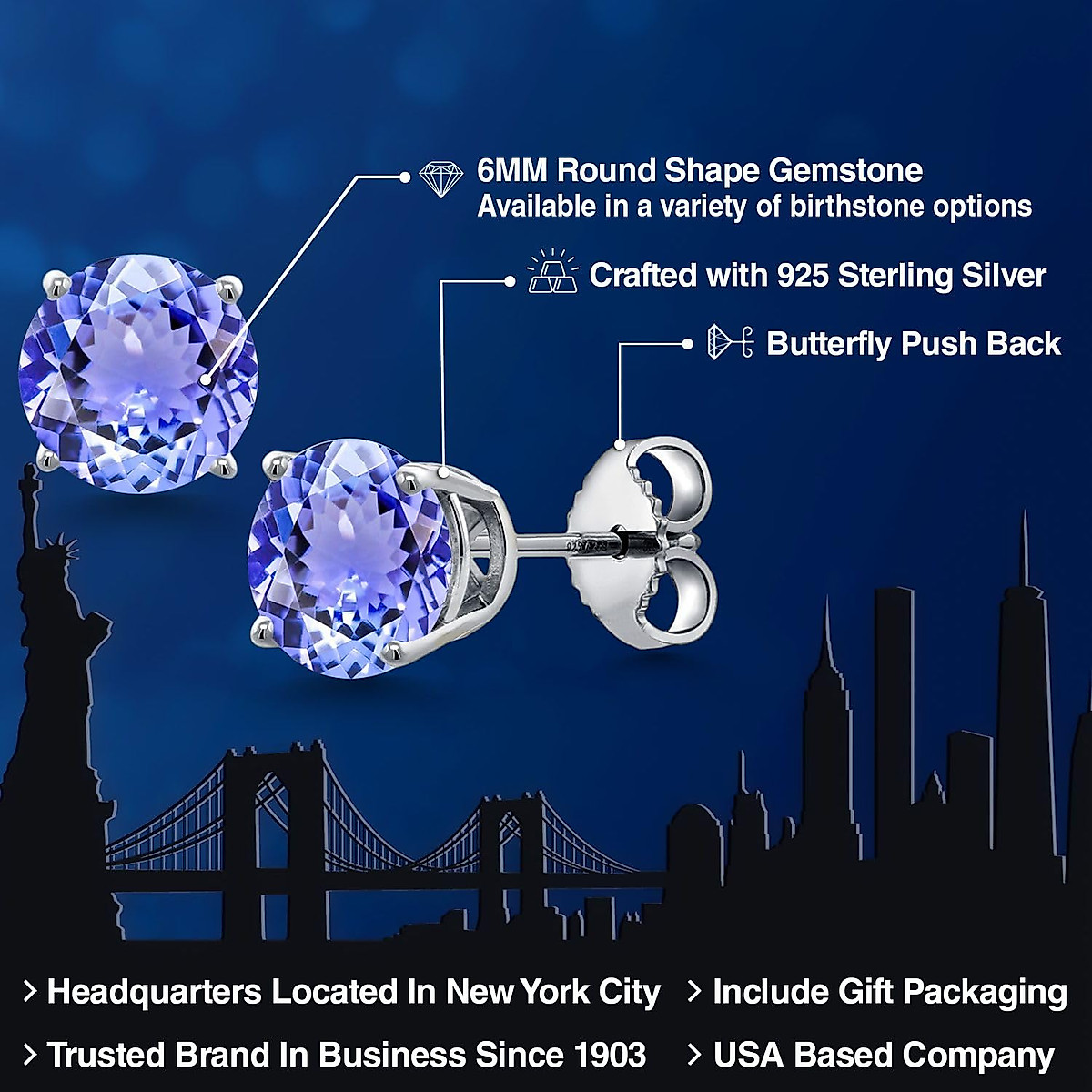 Gem Stone King 925 Sterling Silver Round 6MM Gemstone Birthstone Stud Earrings For Women