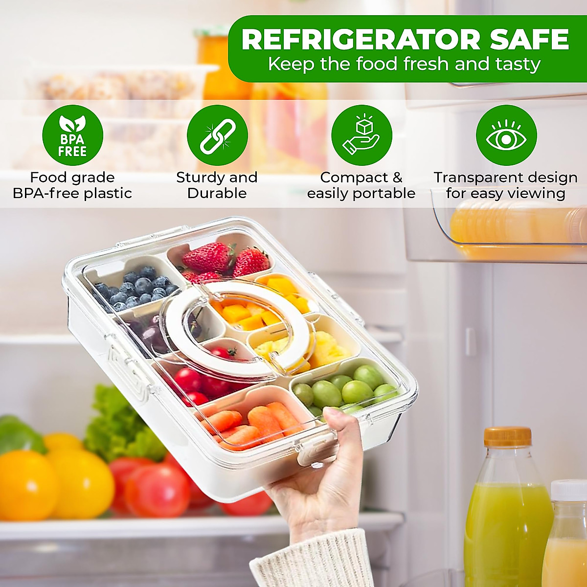 Kenswiss 2 Pack Divided Serving Tray with Lid and Handle | Portable Snackle Box for Adults, Kids | Charcuterie Container with 8 and 4 Compartments | Snack Organizer for Fruits and Travel