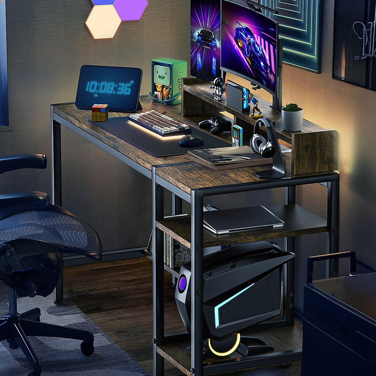 Gimars Upgrade 47” Computer Home Office Desk with Monitor Stand, Rustic Writing Desk with Adjustable Shelves & Large Bookshelf, Easy Assembly Gaming Desk, Spacious, Modren Design for Home Office