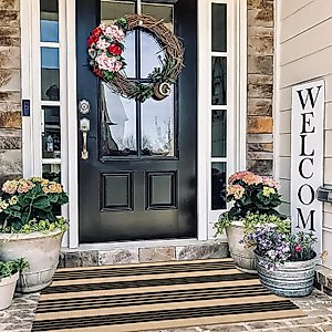 LEEVAN Outdoor Door Mat 2.3'x3.6', Washable Entryway Rug Reversible Indoor Outdoor Entrance Mat, Low Profile Black and Tan Striped Rug, Cotton Woven Porch Mat Non-Shedding Kitchen Foyer Rug