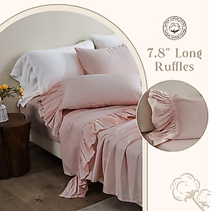 Simple&Opulence 100% Organic Cotton Sheet Set, Long Ruffle Bed Sheets (1 Flat Sheet, 1 Fitted Sheet and 1 Pillowcase) Elegant Shabby Chic Bedding Farmhouse Charming Vintage - Pink, Twin