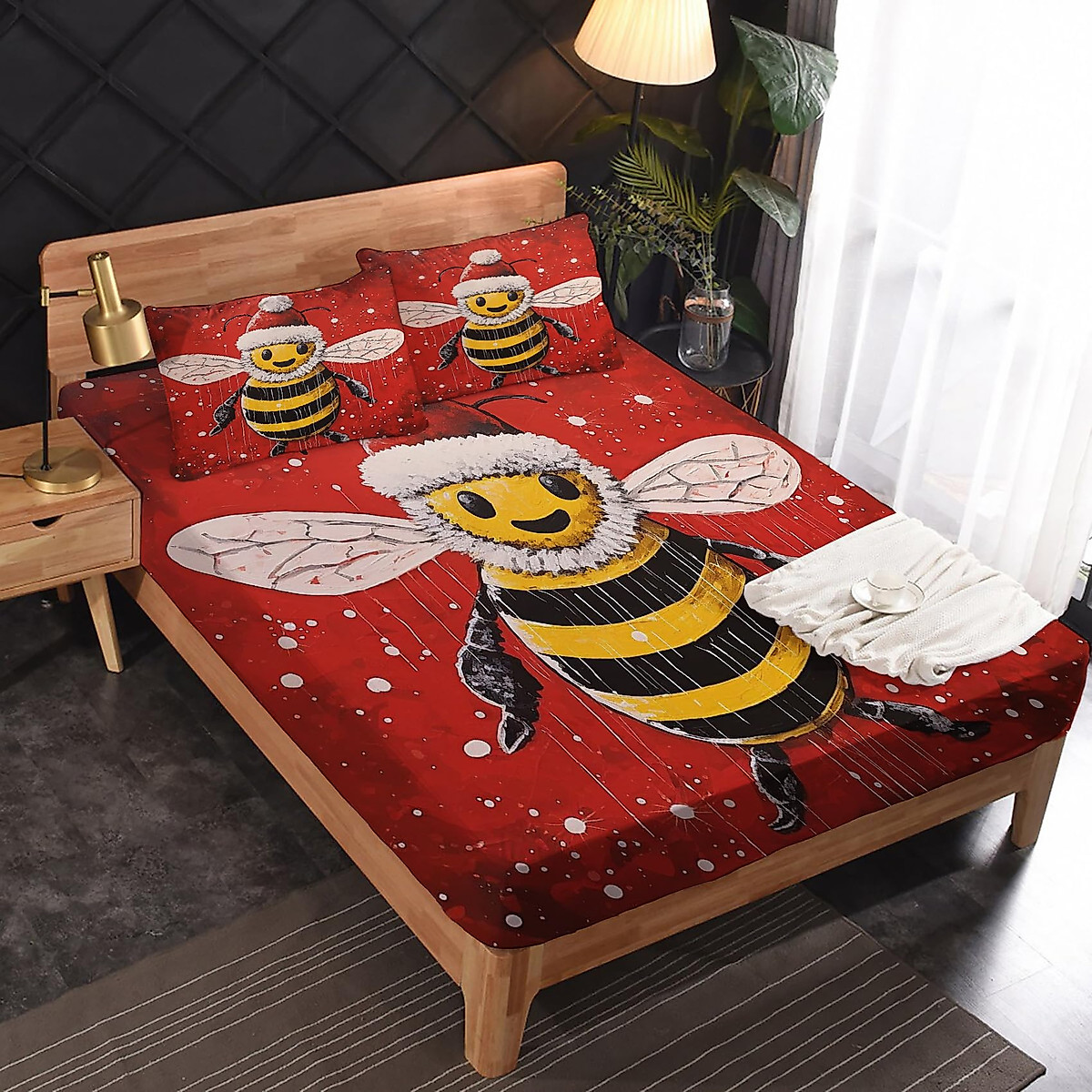 Full Size Sheet Sets - Christmas Bee Bed Sheets, Cartoon Honey Bee Bedding Sheets & Pillowcases, Soft Microfiber & Deep Pocket & Wrinkle Free Sheet Set, 1 Fitted Sheet, 1 Flat Sheet, 2 Pillow Cases