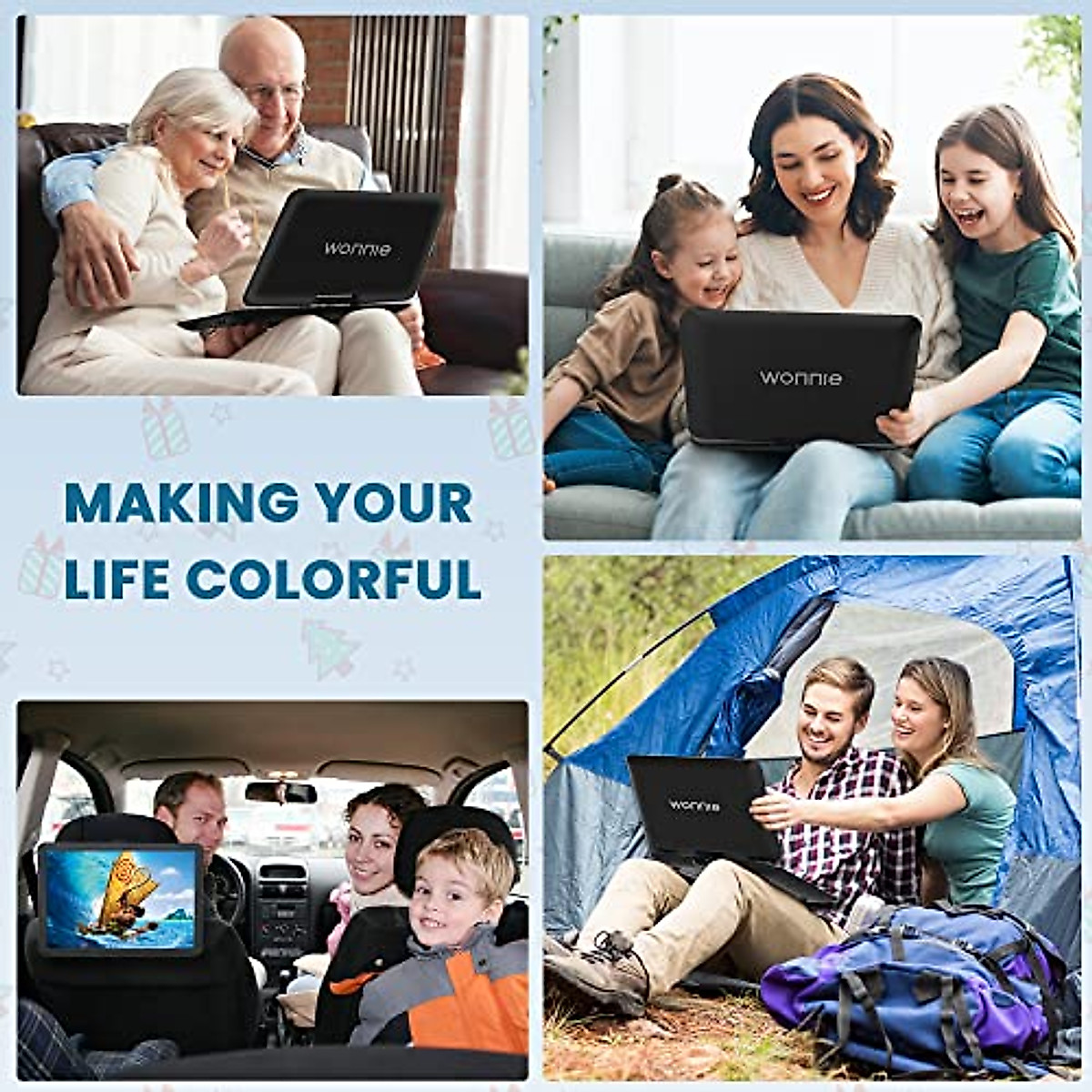 WONNIE 16.9" Portable DVD Player with 14.1" Large Swivel Screen, High Volume Speakers, 6 Hrs Rechargeable Battery, Support USB/SD Card/ Sync TV, Region Free, Last Memory