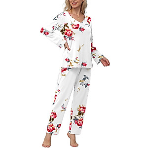 POKWAI Womens Pajama Sets Pajamas for Women Soft Comfy Casual Loose Pjs With Pockets(FP White,X-Large)