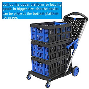 Folding Shopping Cart with Wheels, Collapsible Cart with Basket, 2-Layer Utility Carts, Outdoor Wagon for Groceries, Hand Truck (Folding Cart + Crate)
