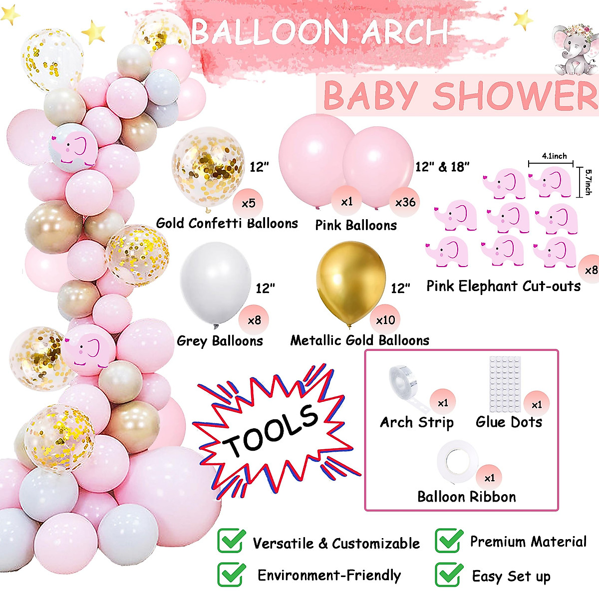 Baby Shower Party Supplies Decorations for Girl - Baby Girl Banner, Latex Balloons, Square Balloons, Elephant Foil Balloon, Pink Elephant Cut-Outs, Toppers, and Backdrop for Baby Shower Birthday Party