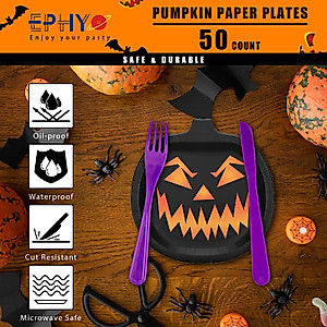 EPHYO 50 Count Halloween Paper Plates Disposable 10 x 10 Inch Party Supplies Dinnerware Plates Black Pumpkin Orange Decoration Plates