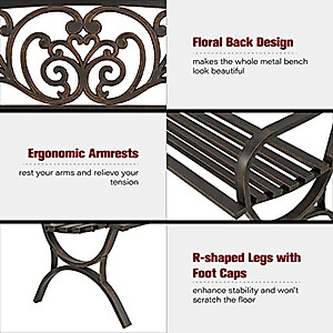 Sophia & William 50‘’ Outdoor Garden Bench Patio Park Bench, Cast Iron Metal Frame Furniture with Floral Design Backrest for Porch Yard Lawn Deck, Bronze