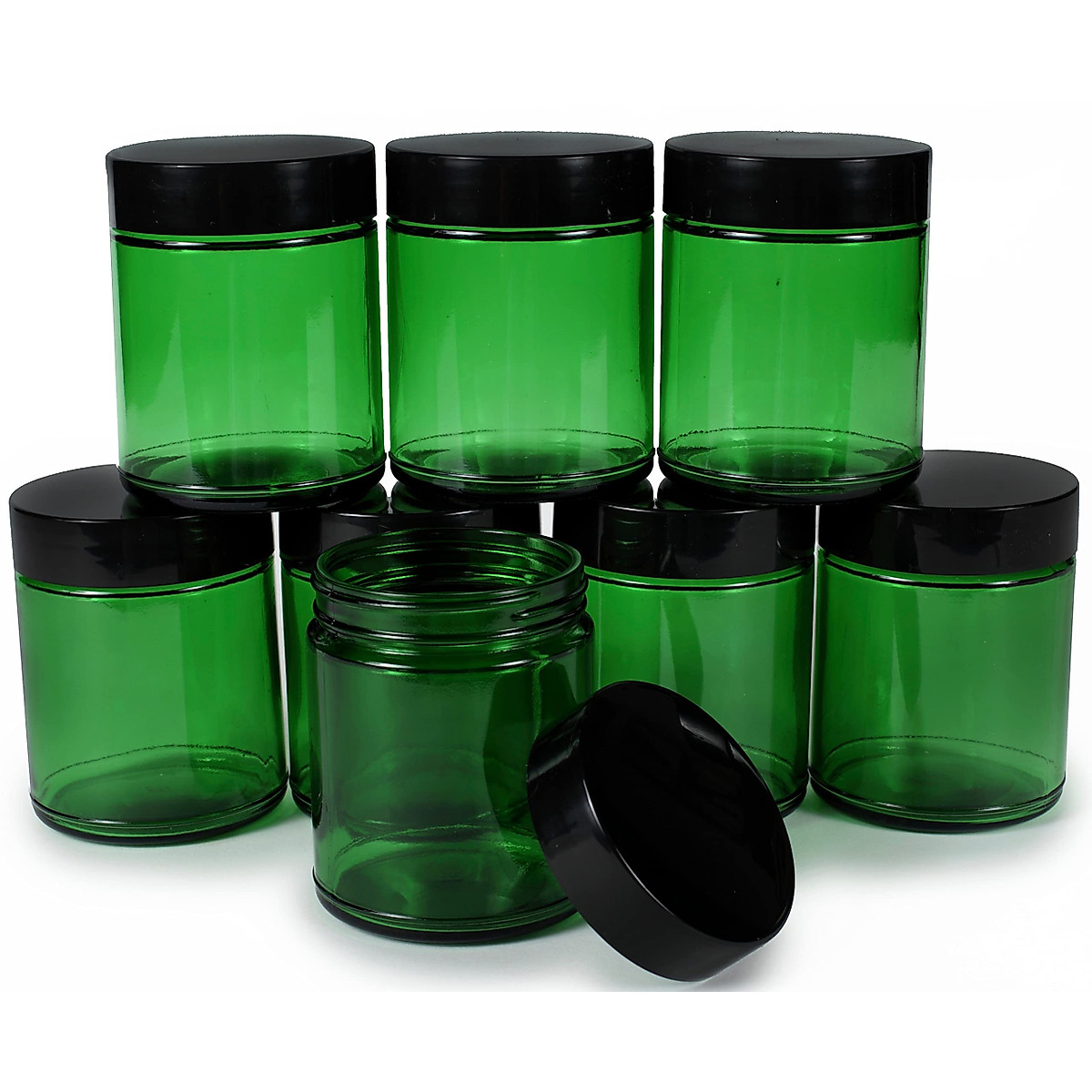 Vivaplex, Green, 8 ounce, Round Glass Jars, with Black Lids - 8 Pack