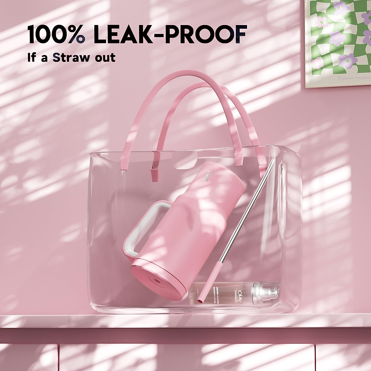 Meoky 24 oz Tumbler with Handle and Straw, 100% Leak-proof Tumbler with Lid and Straw, Insulated Stainless Steel Travel Coffee Mug, Keeps Cold for 24 Hours (Blush)