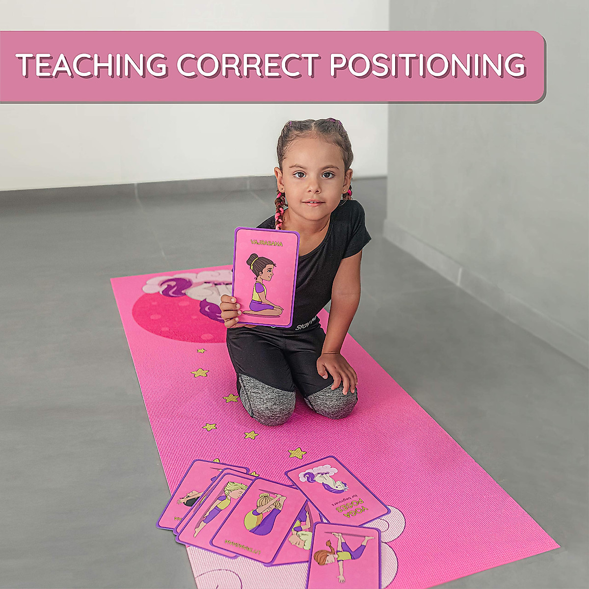 Kids Yoga Mat Set - Fun Unicorn Yoga Mat for Girls - Comfortable - Chemical Free - Non-Toxic - Non-Slip - 60 X 24 X 0.2 Inches - w/ 12 Yoga Cards for Kids - Carrier Bag with Strap - Pink - Ages 4-12
