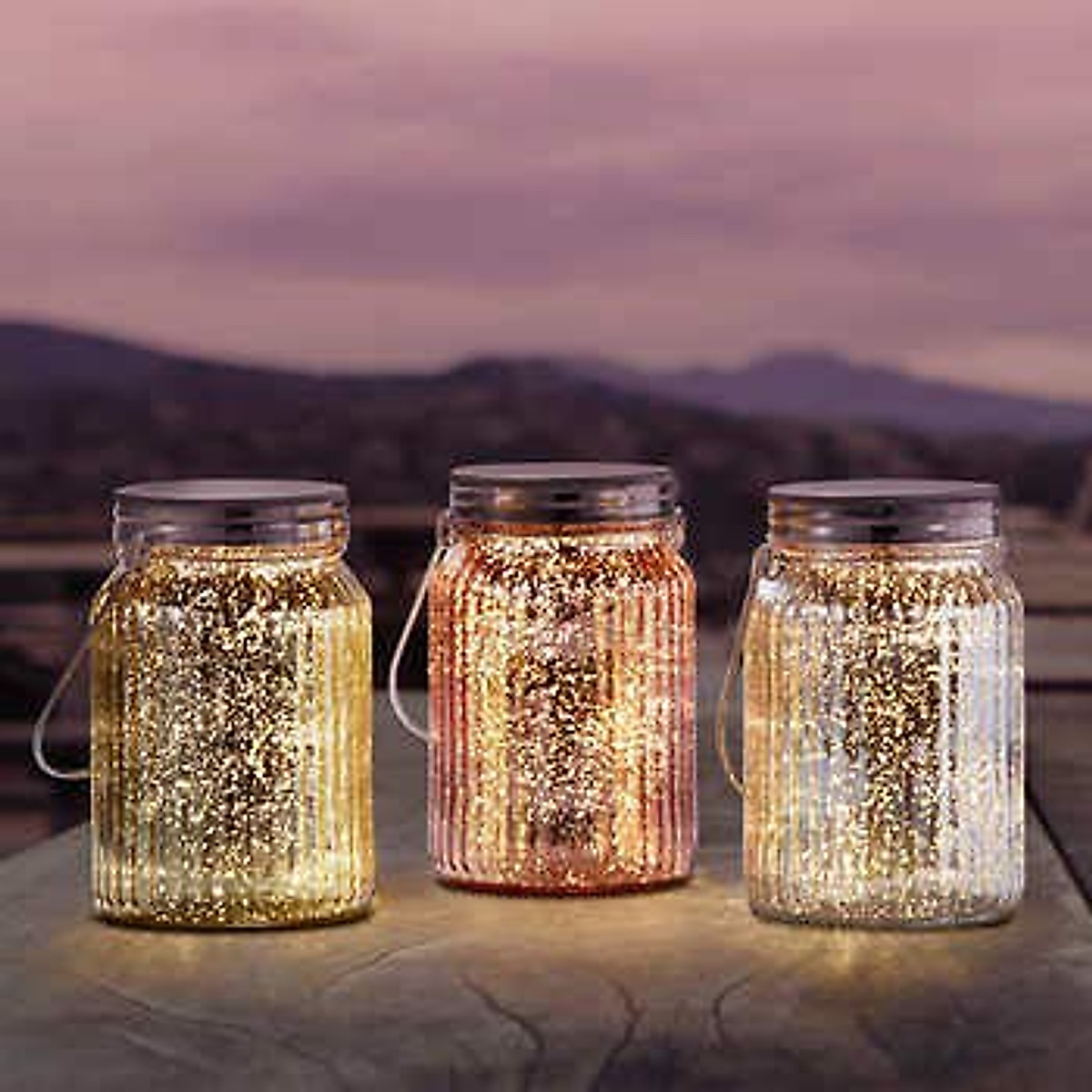 Inside Outside Garden Set of 3 Glass Jars with Mini LED Lights, Gold