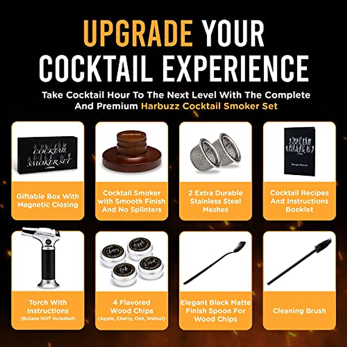Cocktail Smoker Kit with Torch & Premium Gift Box, 15 Piece Whiskey Smoker Kit for Old Fashioned Cocktail Kit, Glass Cocktail Smoking Kit for Drinks, Bourbon Smoker Gift for Men, Husband, Father, Dad