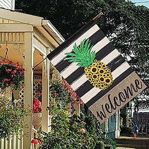 Summer Garden Flag Sunflowers Pineapple Welcome Flag Double Sided Vertical Burlap Yard Outdoor Decor 28x40 Inch